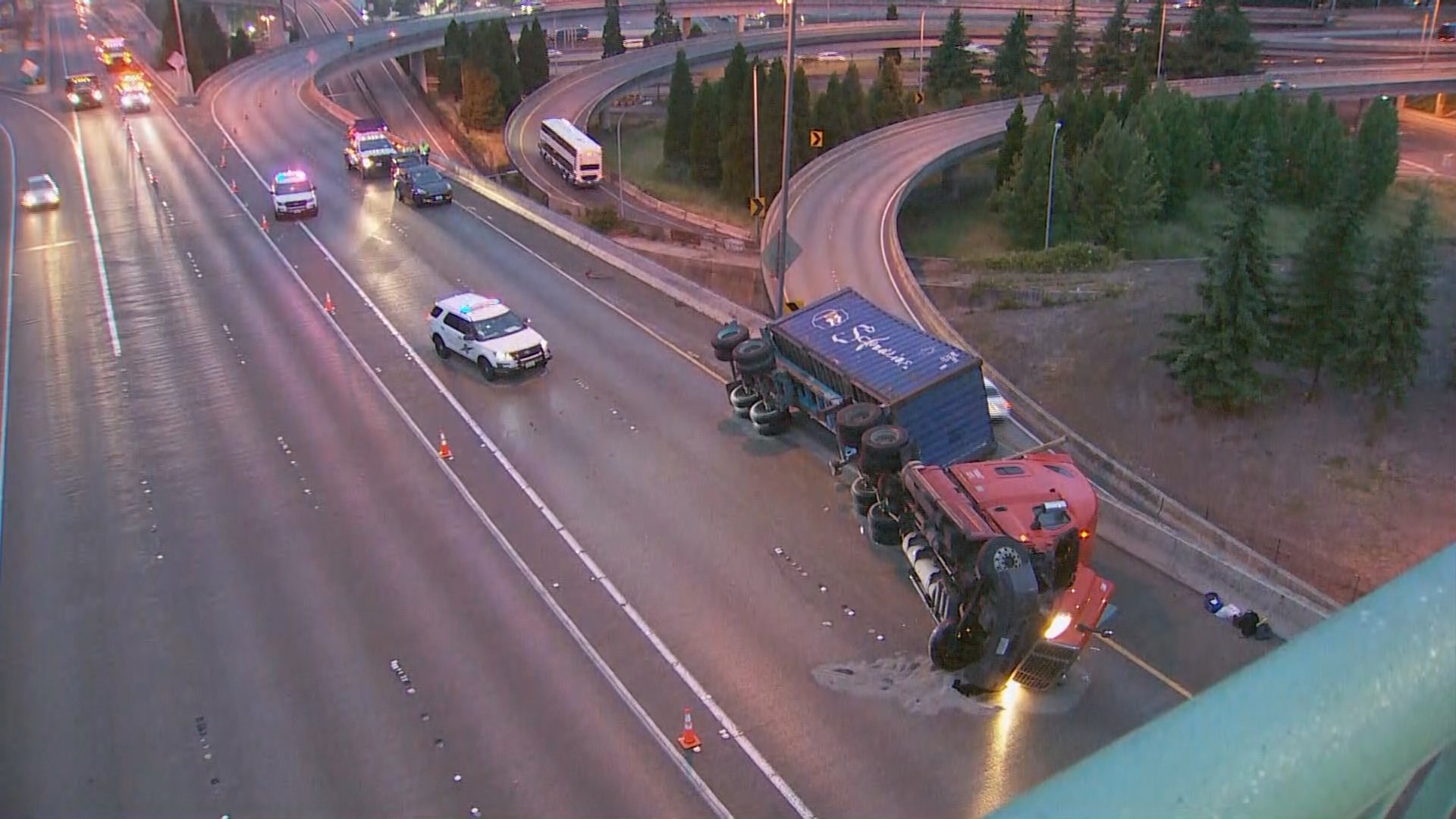 Semi rolls over on I-90 in Seattle | king5.com